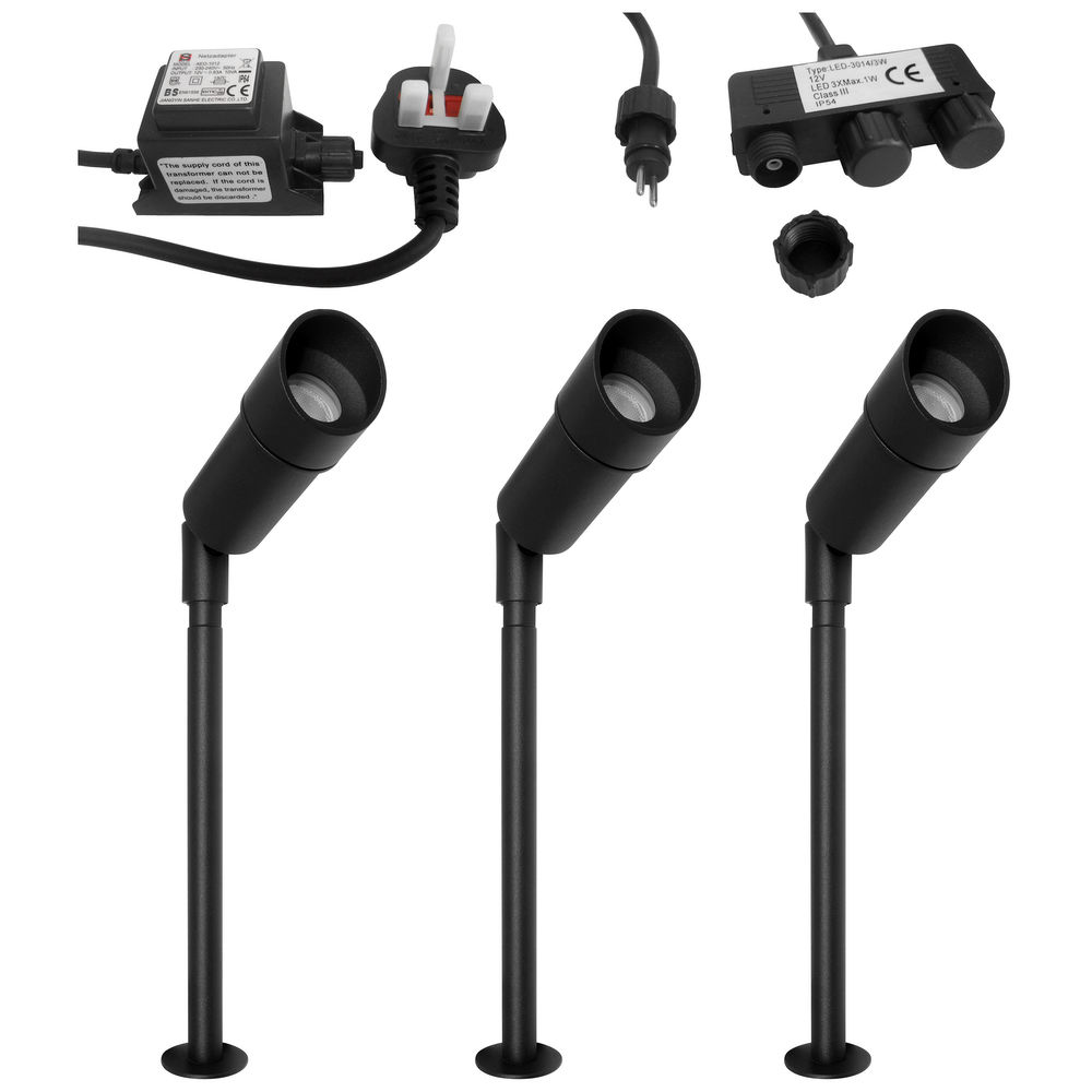 LED Hood Outdoor Garden Spike Kit Black 12V 3 x 1W 3000K Warm White ...