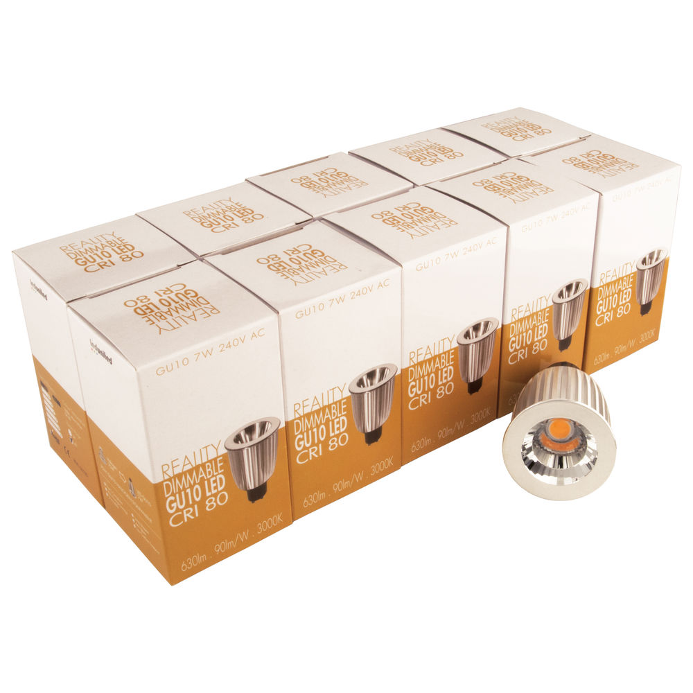 10 x Reality GU10 LED 7W 630lm (=75W) Dimmable 240V 24° 3000K Warm ...