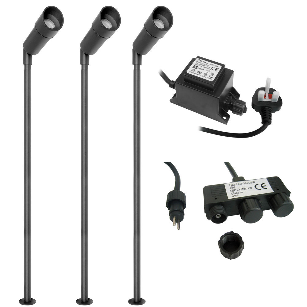 LED Hood Long Outdoor Garden Spike Kit Black 12V 3 x 1W 4000K Cool ...