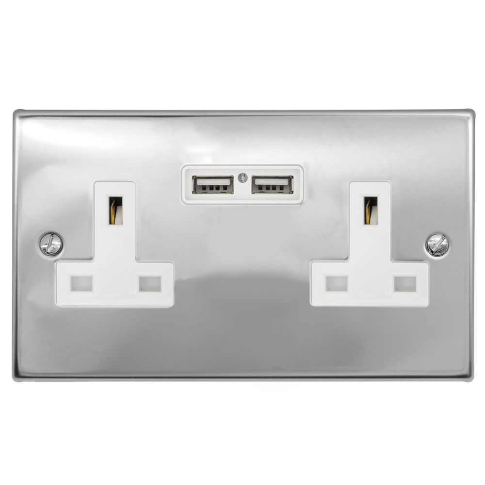 Wall Socket Unswitched / USB Charger 2 gang 13 double socket outlet ...