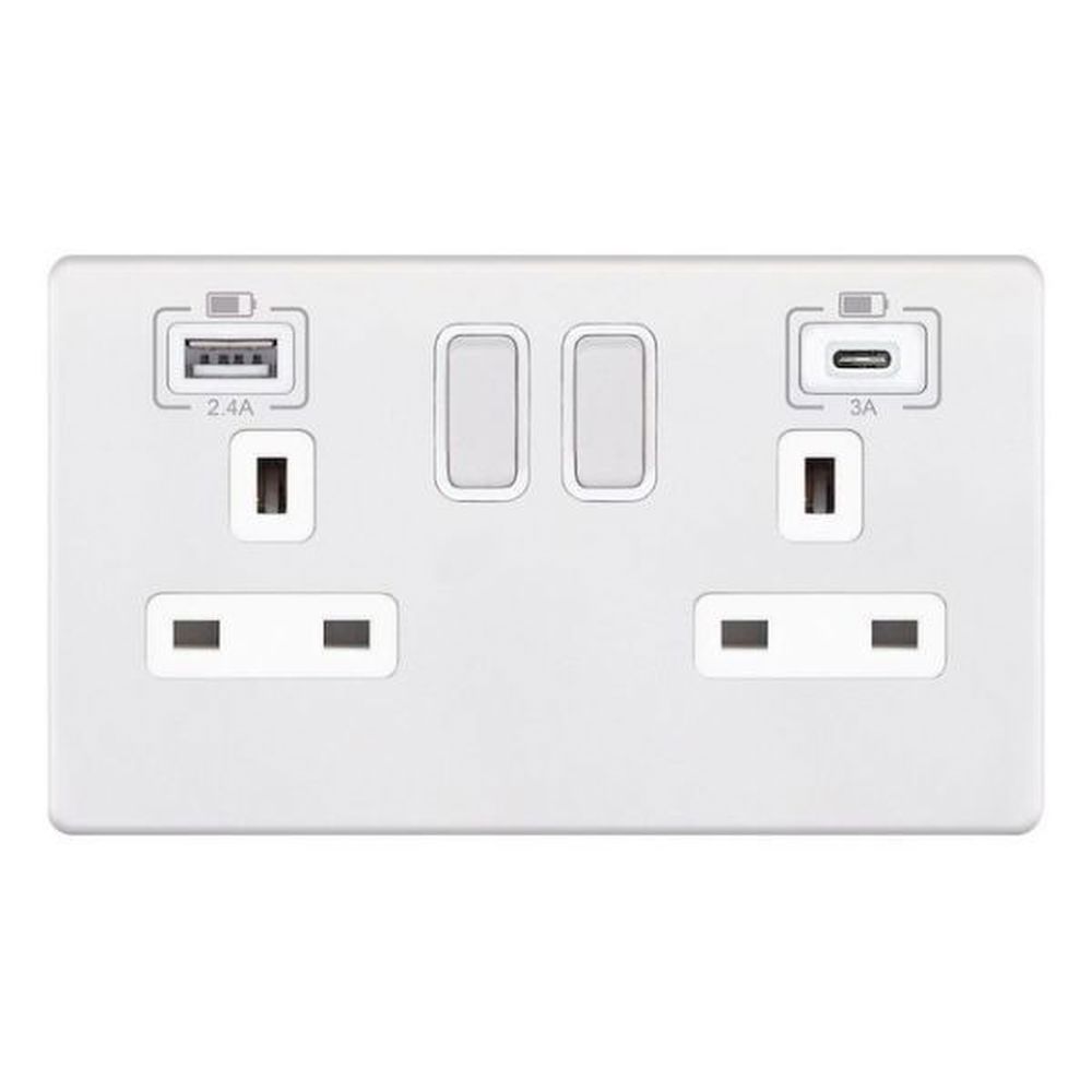 Wall Socket + USB Type C Screwless Matt White 2 gang 13 amp switched ...