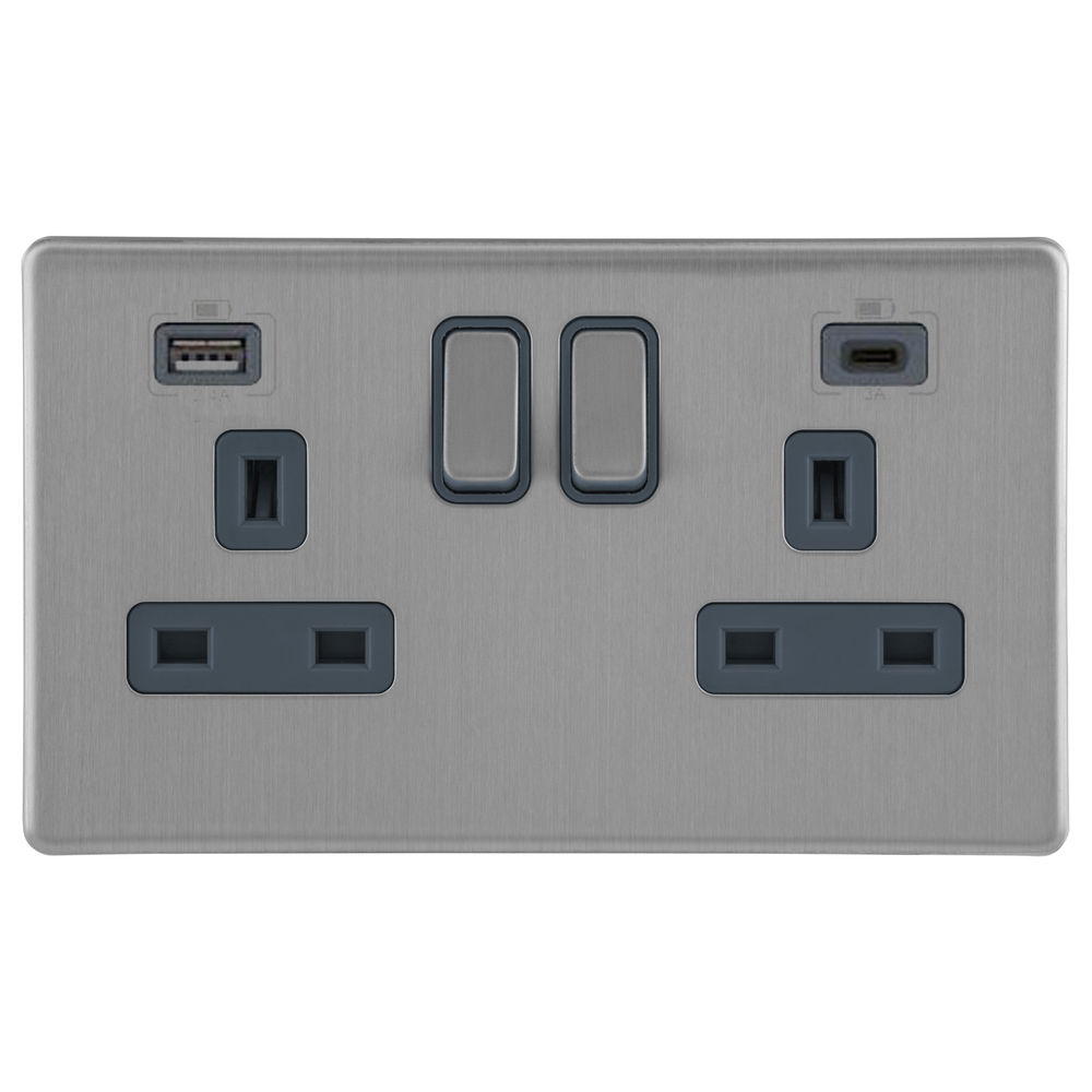 Wall Socket + USB Type C Screwless 2 gang 13 amp switched socket ...