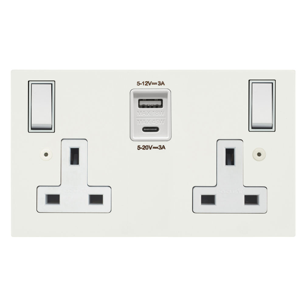 Horizon Square Switched Socket Outlet USB C 2 gang 13 amp Primed White ...