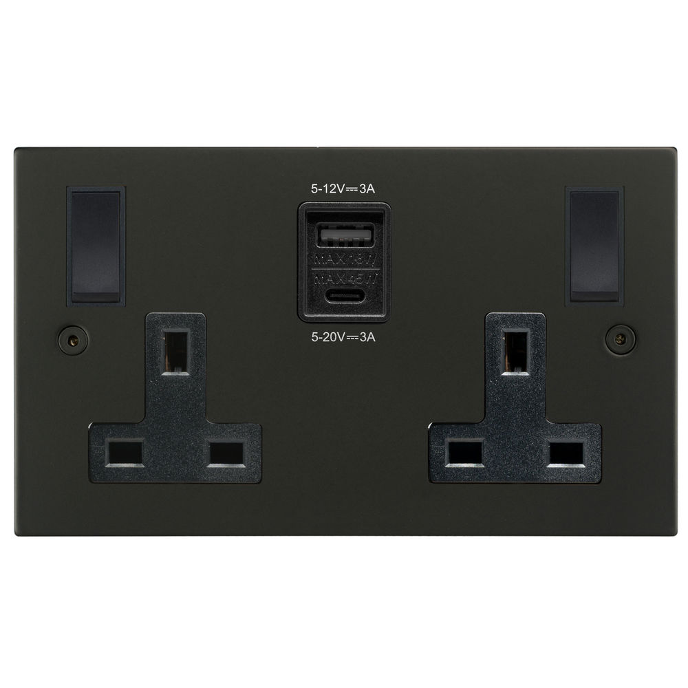 Horizon Square Switched Socket Outlet USB C 2 gang 13 amp Matt Black ...