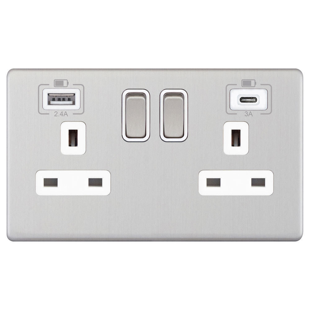 Wall Socket + USB Type C Screwless 2 gang 13 amp switched socket ...